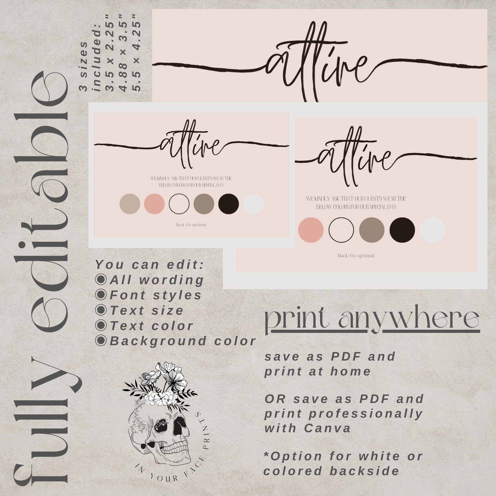Wedding Attire Card Template Neutral Wedding Color Palette - Etsy