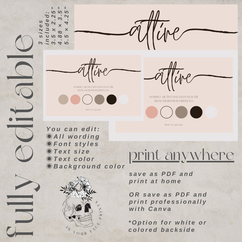 Wedding Attire Card Template Neutral Wedding Color Palette - Etsy