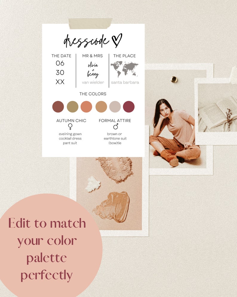 Wedding Attire Card Template Neutral Color Palette Insert Guest Dress ...