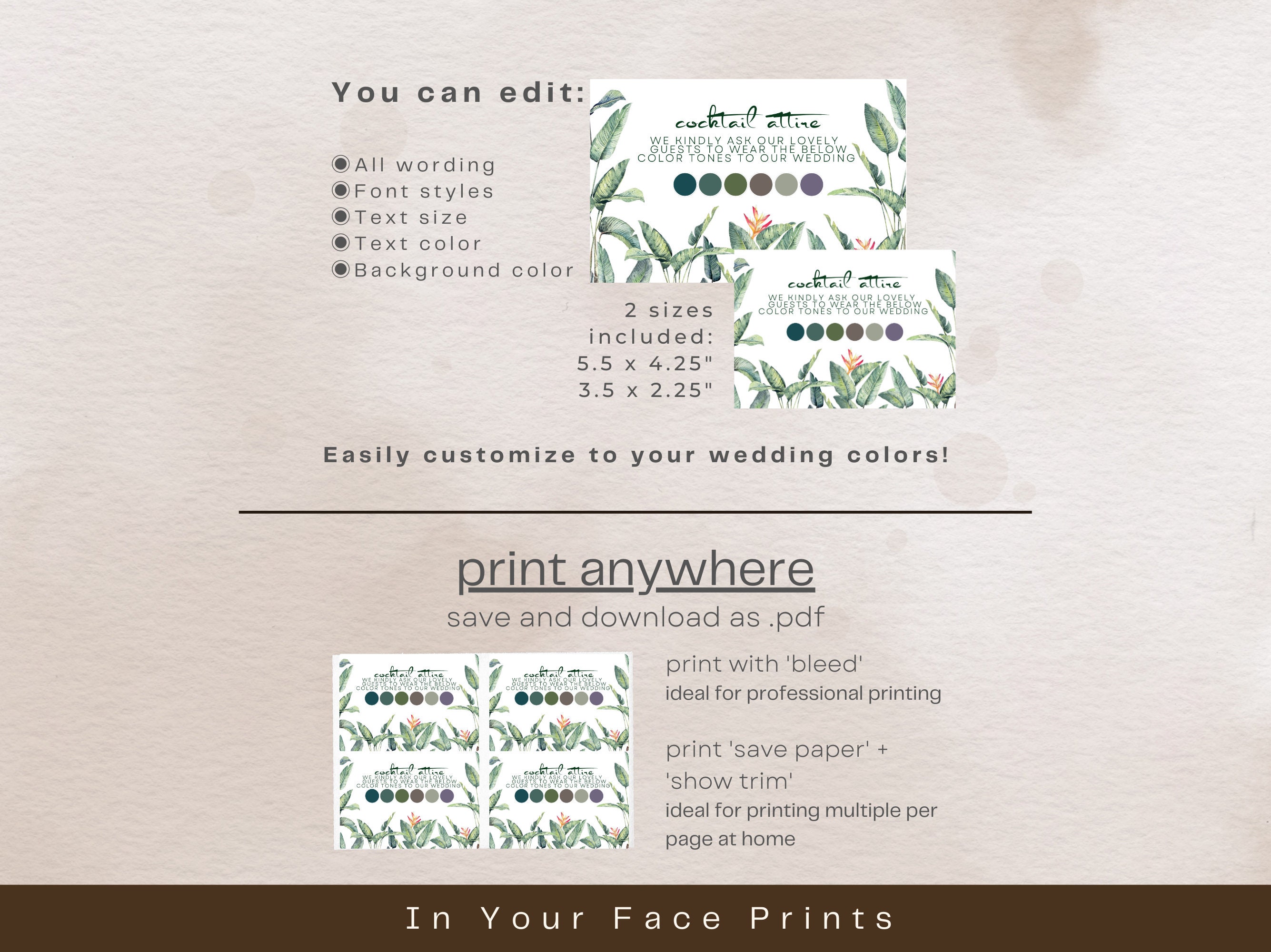 Wedding Attire Card Template, Tropical Wedding Color Palette Insert ...