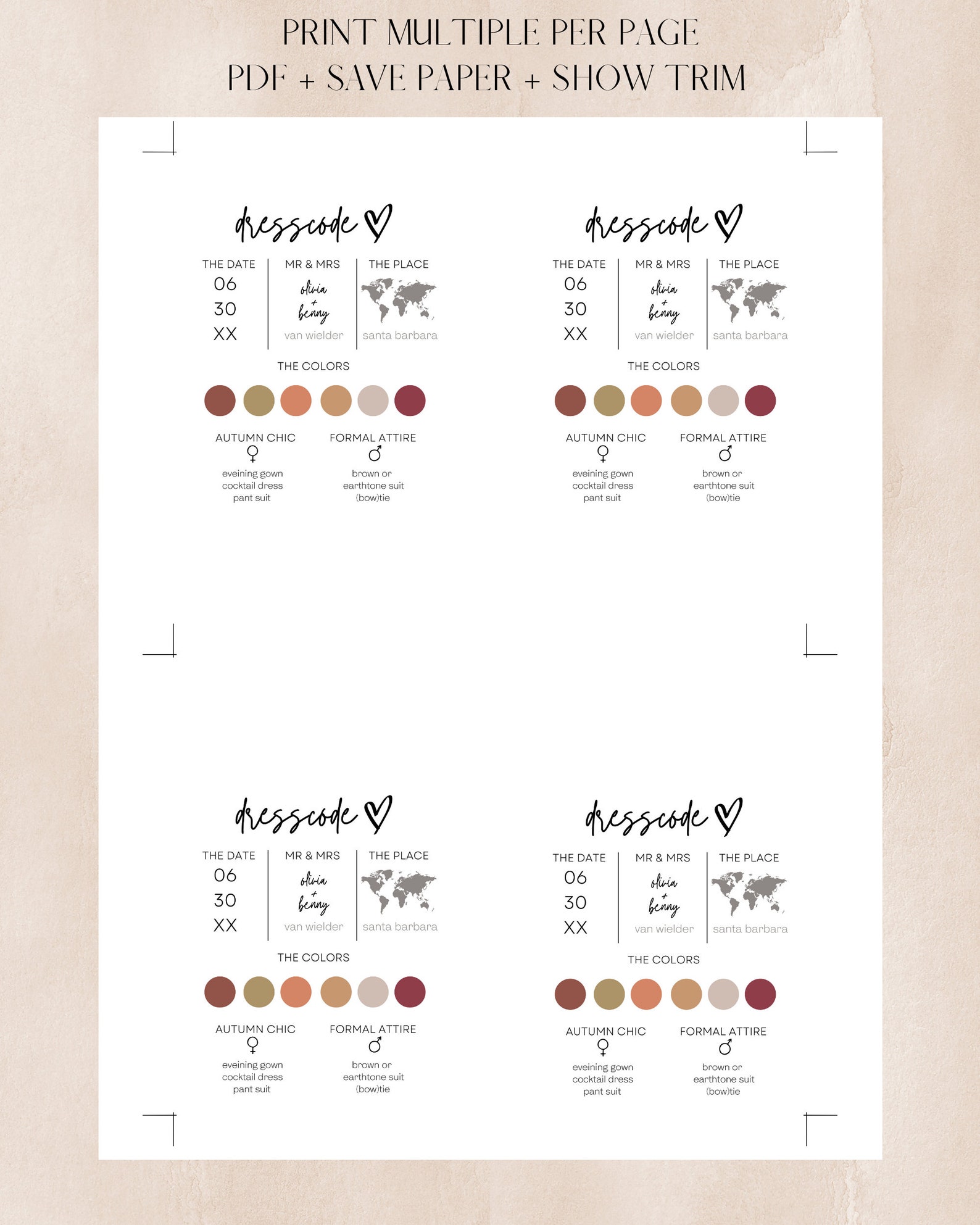 Wedding Attire Card Template Neutral Color Palette Insert Guest Dress ...