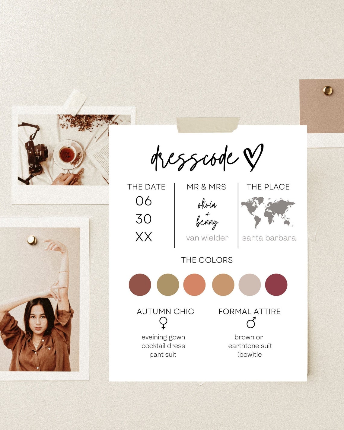 Wedding Attire Card Template Neutral Color Palette Insert Guest Dress ...