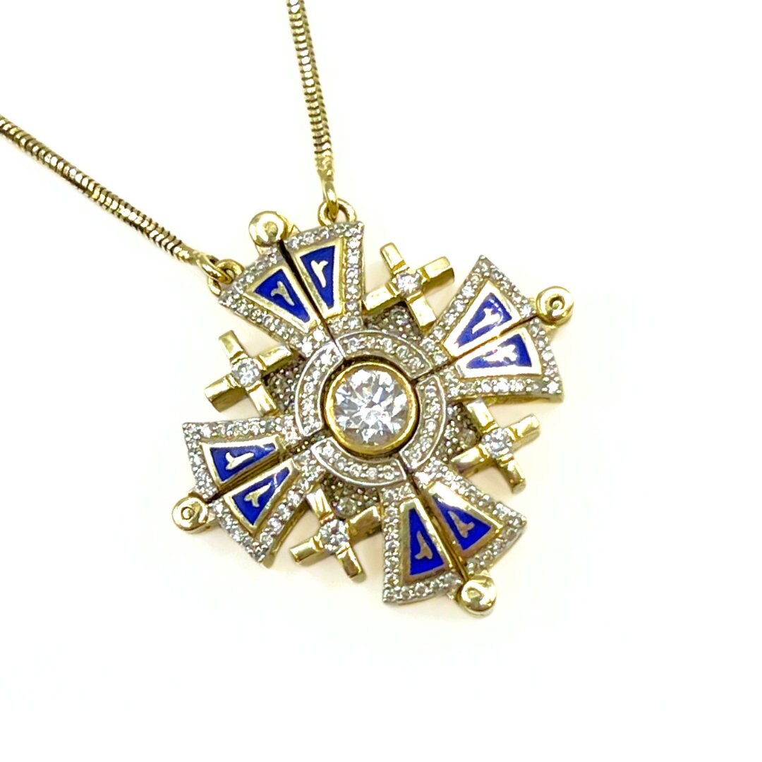 14K Gold With Center Stone Diamond & Blue Enamel Jerusalem Cross ...