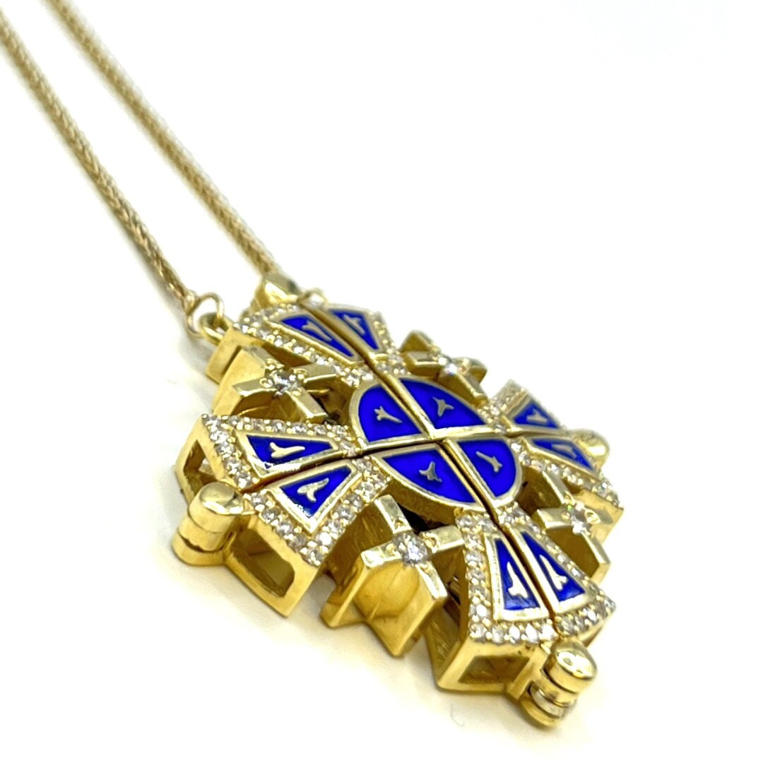 14K Gold Diamond With Blue Enamel Jerusalem Cross Opening Magnetic ...