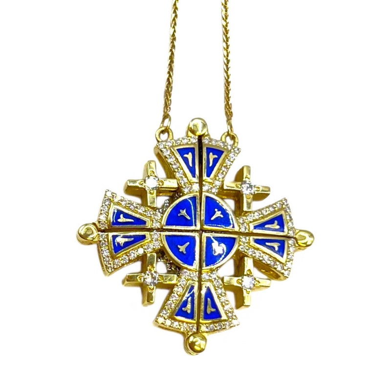 14K Gold Diamond With Blue Enamel Jerusalem Cross Opening Magnetic ...