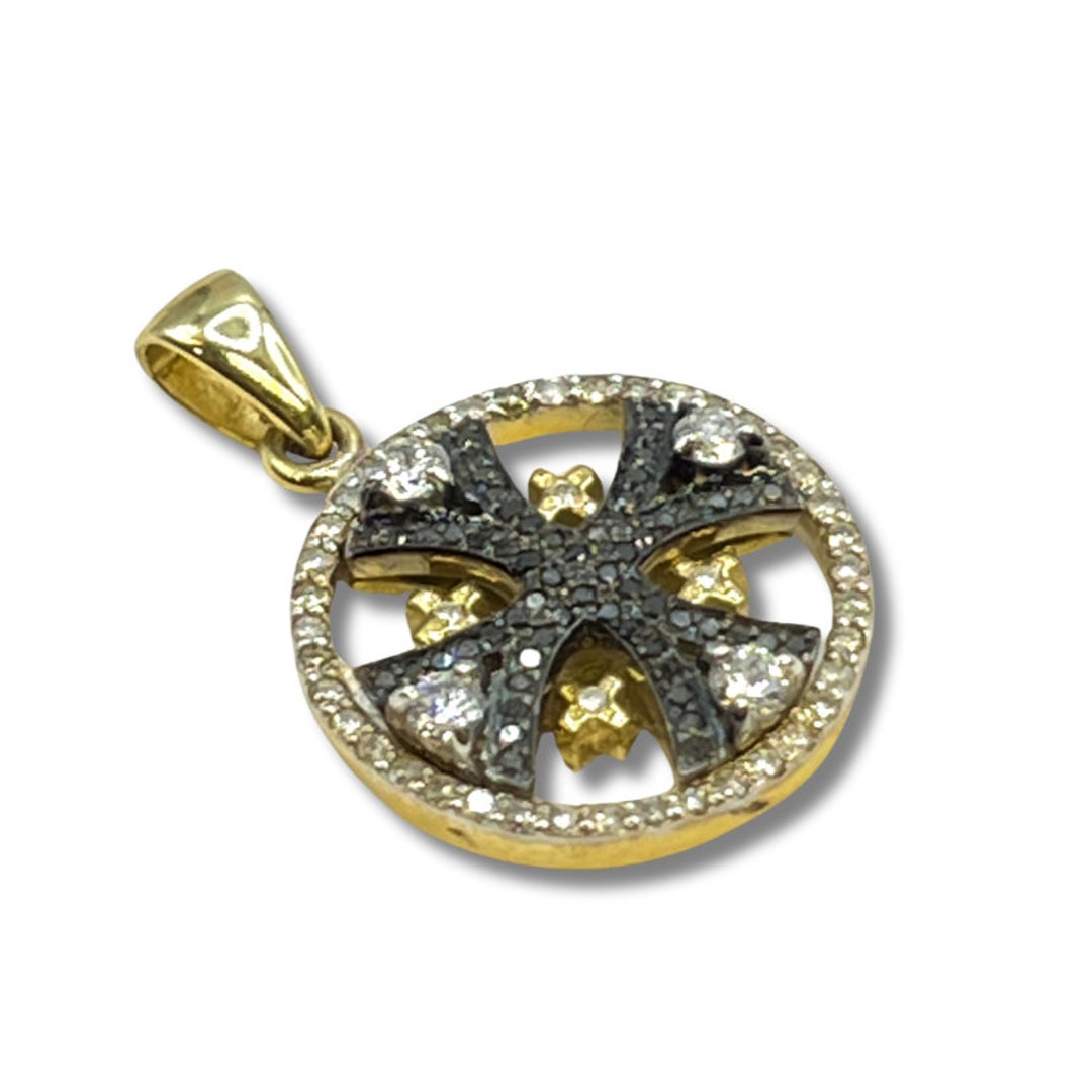 14K Gold & Black Diamond Round Jerusalem Cross Necklace - Etsy