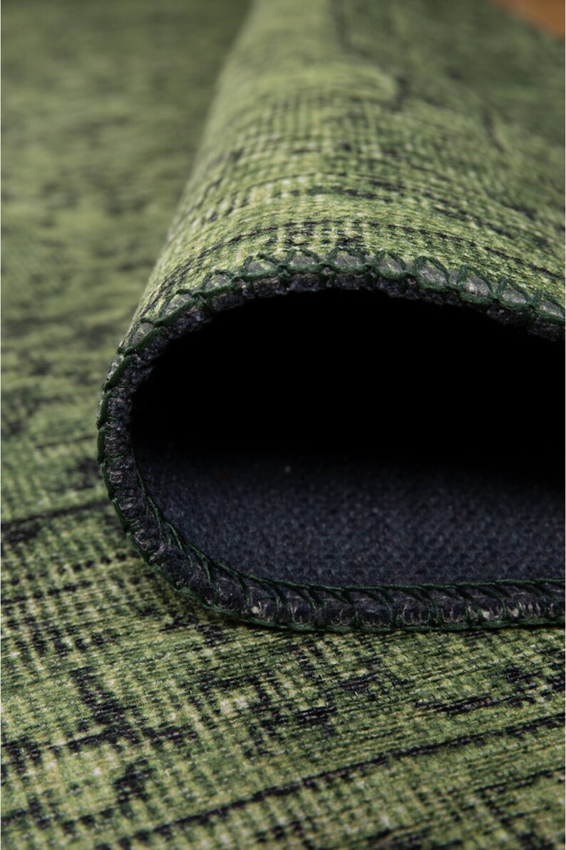 Dark Green Traditional Pattern Cotton Woven Carpet, Side Stripe ...