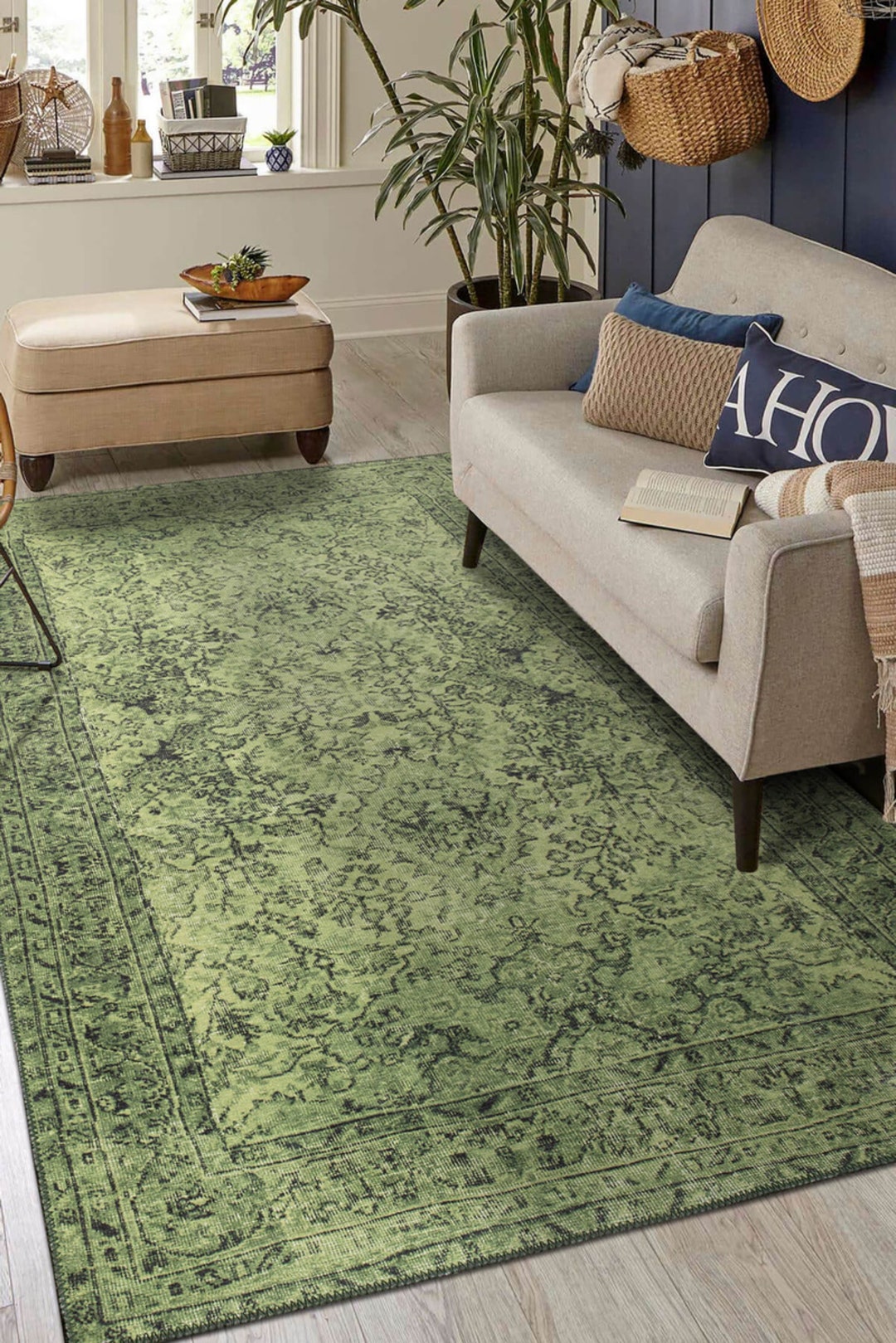 Dark Green Traditional Pattern Cotton Woven Carpet, Side Stripe ...