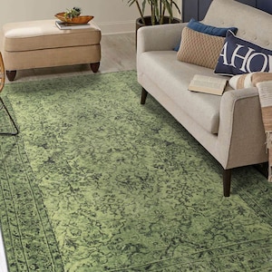 Dark Green Traditional Pattern Cotton Woven Carpet, Side Stripe ...