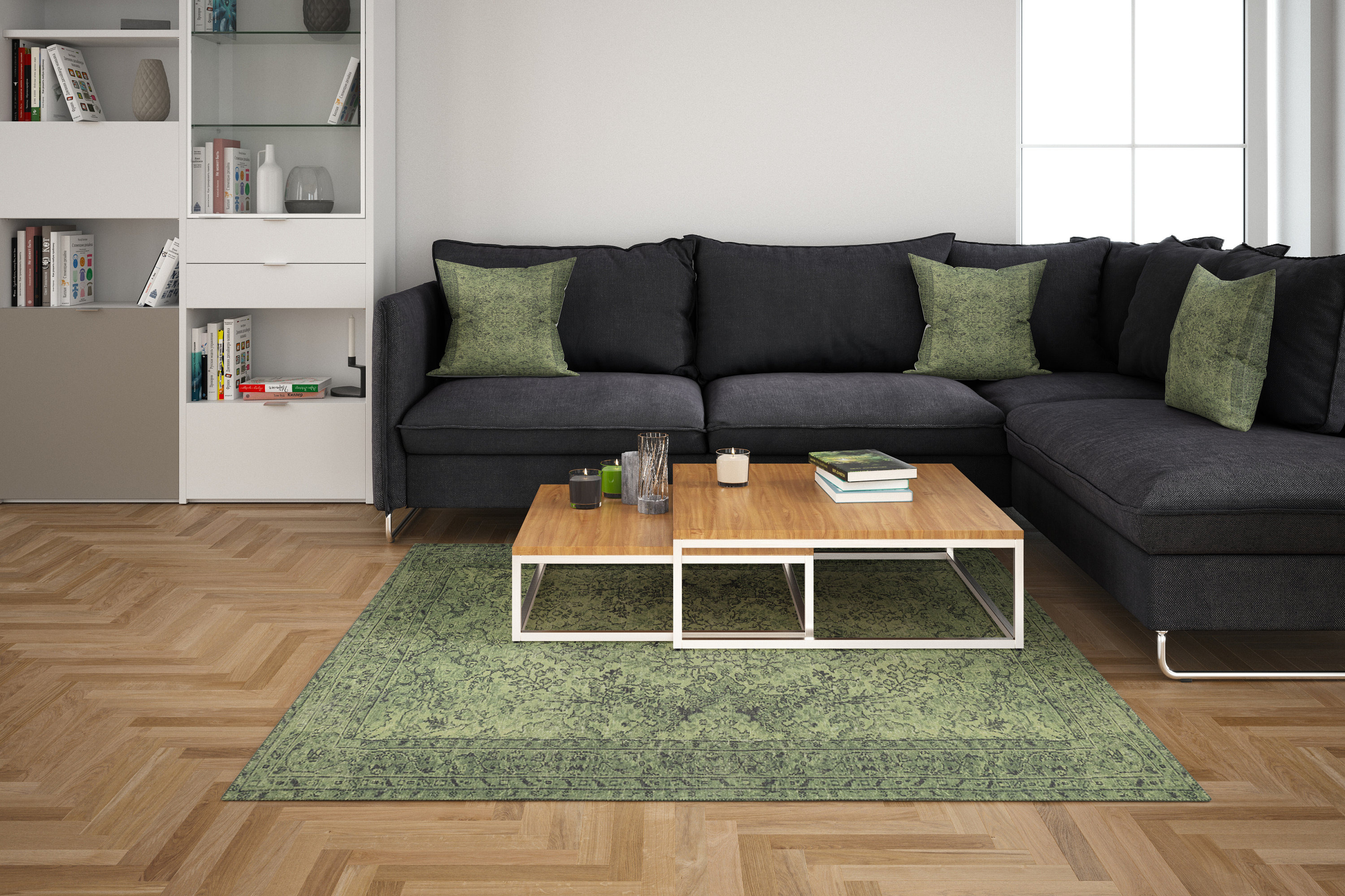 Dark Green Traditional Pattern Cotton Woven Carpet, Side Stripe ...