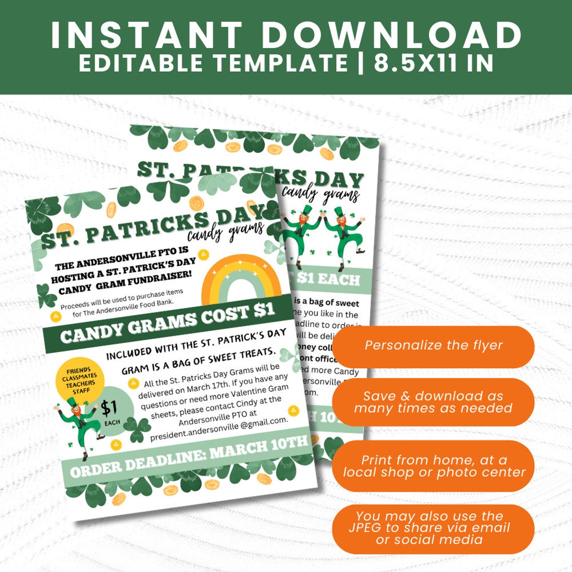 St. Patrick's Day Lucky Gram Flyer Editable Template, Saint Patrick's ...