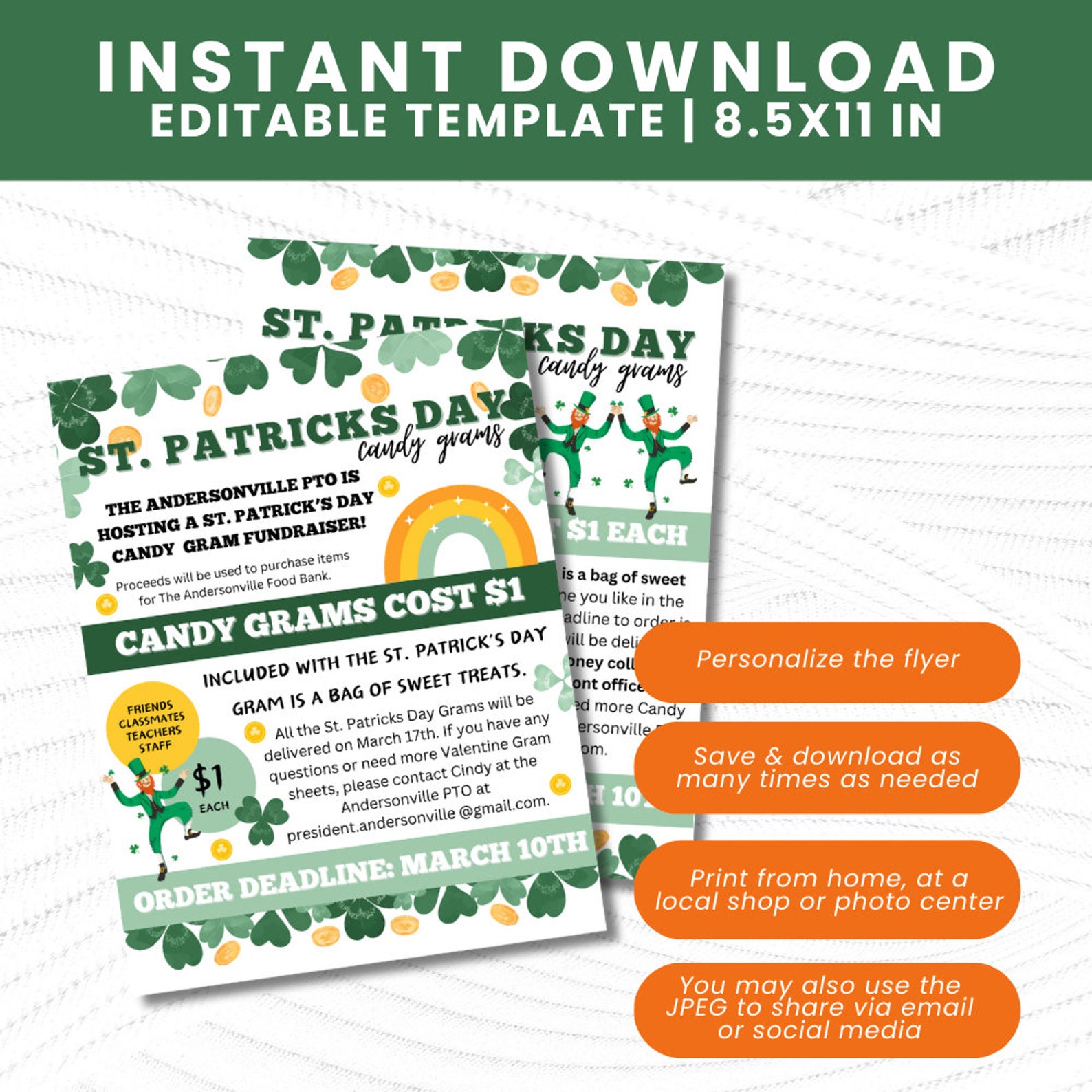 St. Patrick's Day Lucky Gram Flyer Editable Template, Saint Patrick's ...