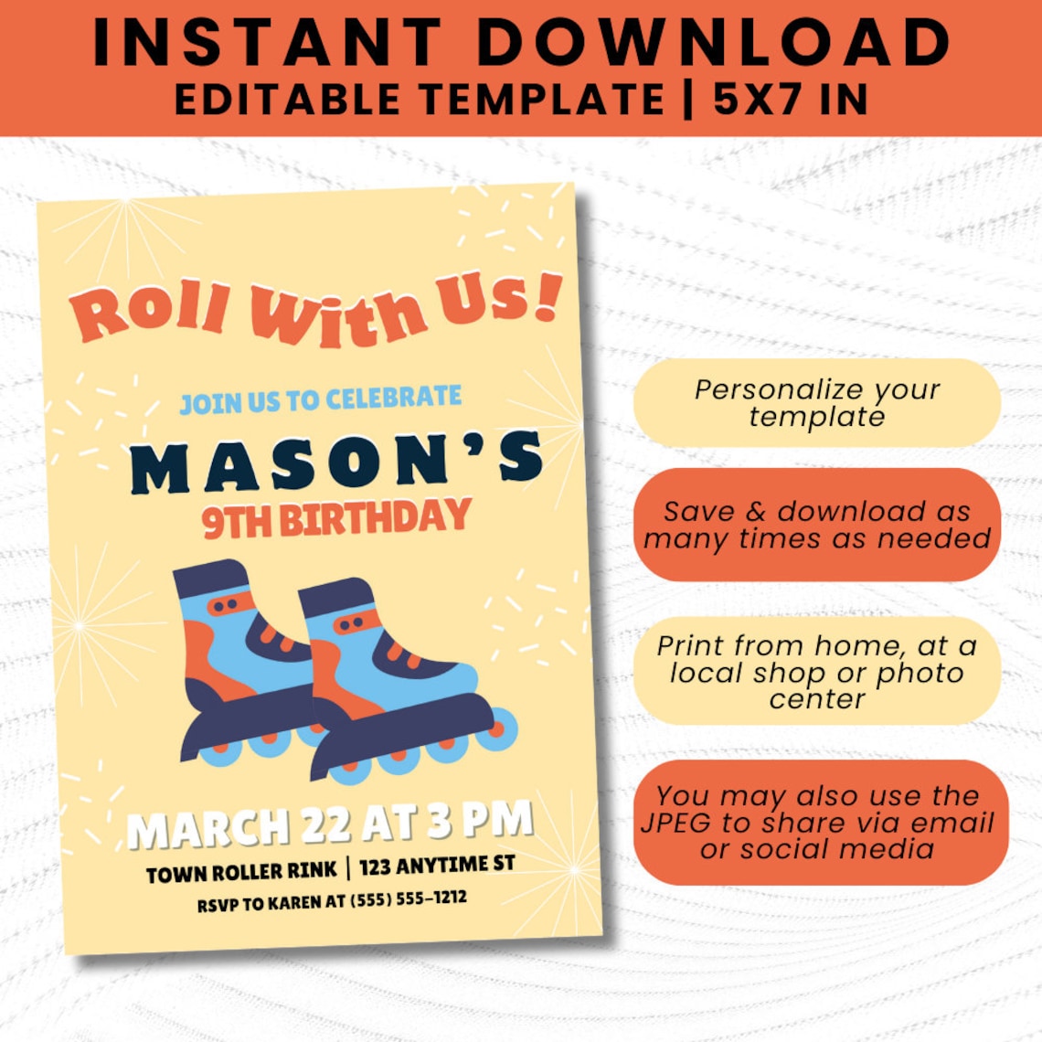 Roller Skating Birthday Party Editable Invitation Template, Roller ...