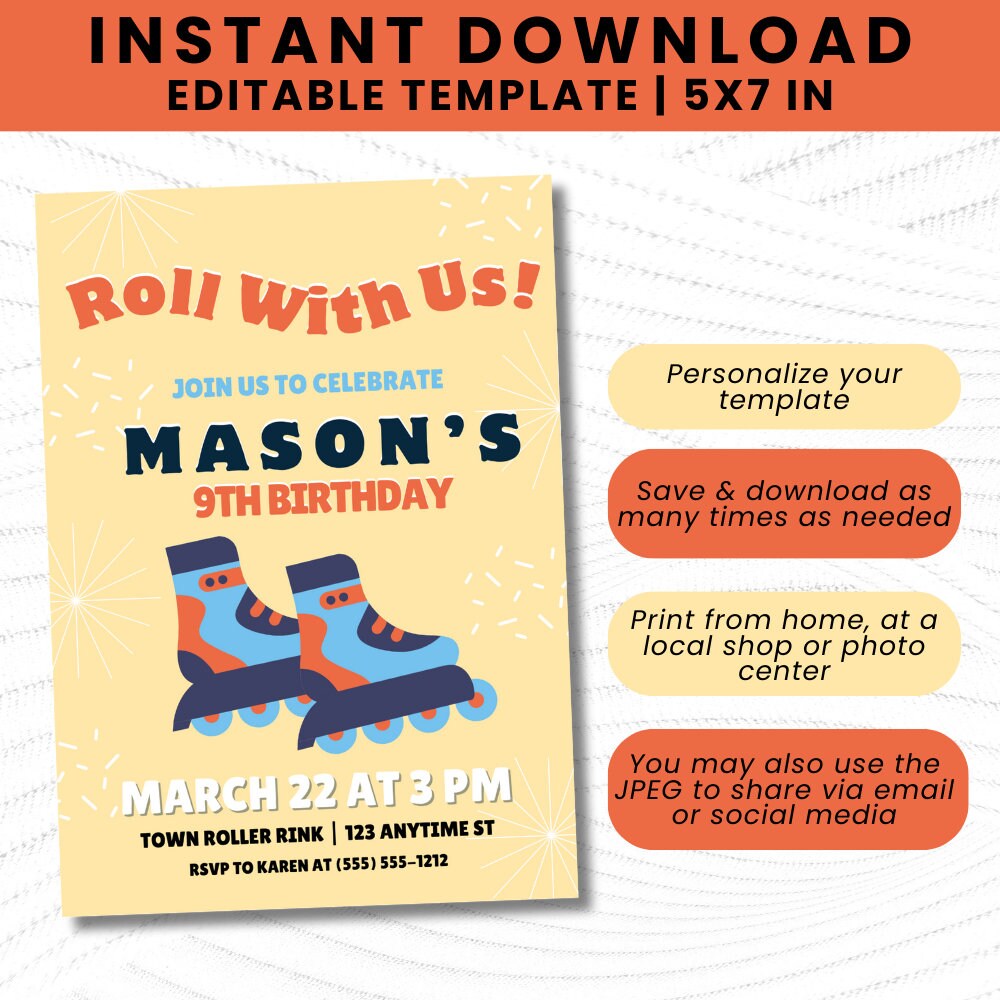 Roller Skating Birthday Party Editable Invitation Template, Roller ...