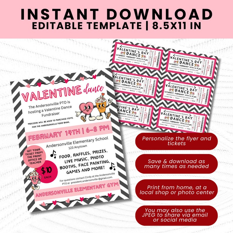 Valentine's Day Dance Flyer Editable Template, Valentines School Dance ...