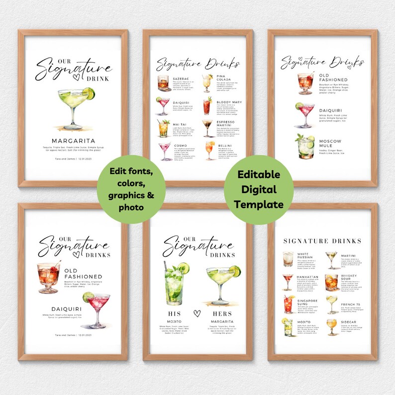 Wedding Signature Drinks Menu, Cocktail Bar Sign Template, Printable ...