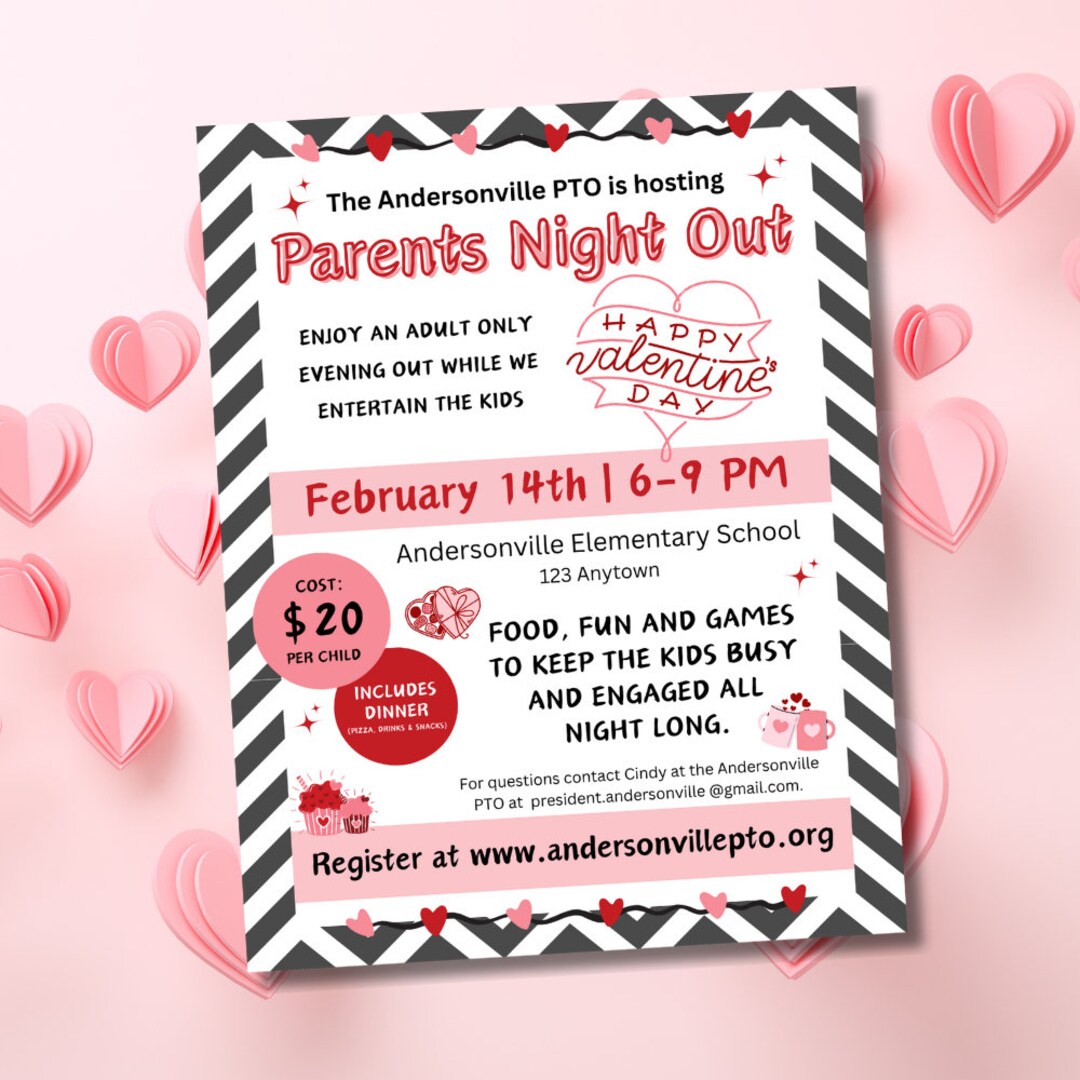 Valentines Parents Night Out Flyer Template PTO School Fundraiser PTA ...