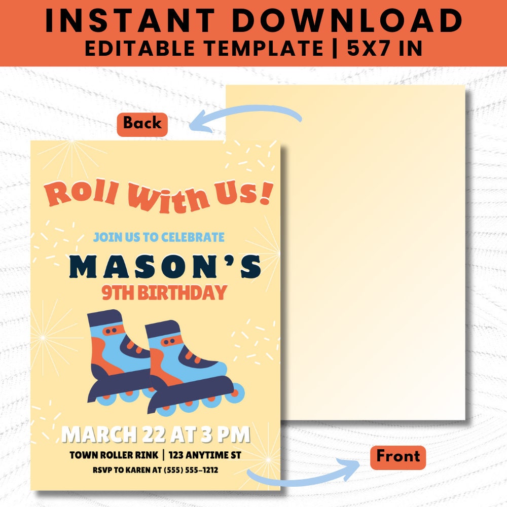 Roller Skating Birthday Party Editable Invitation Template, Roller ...