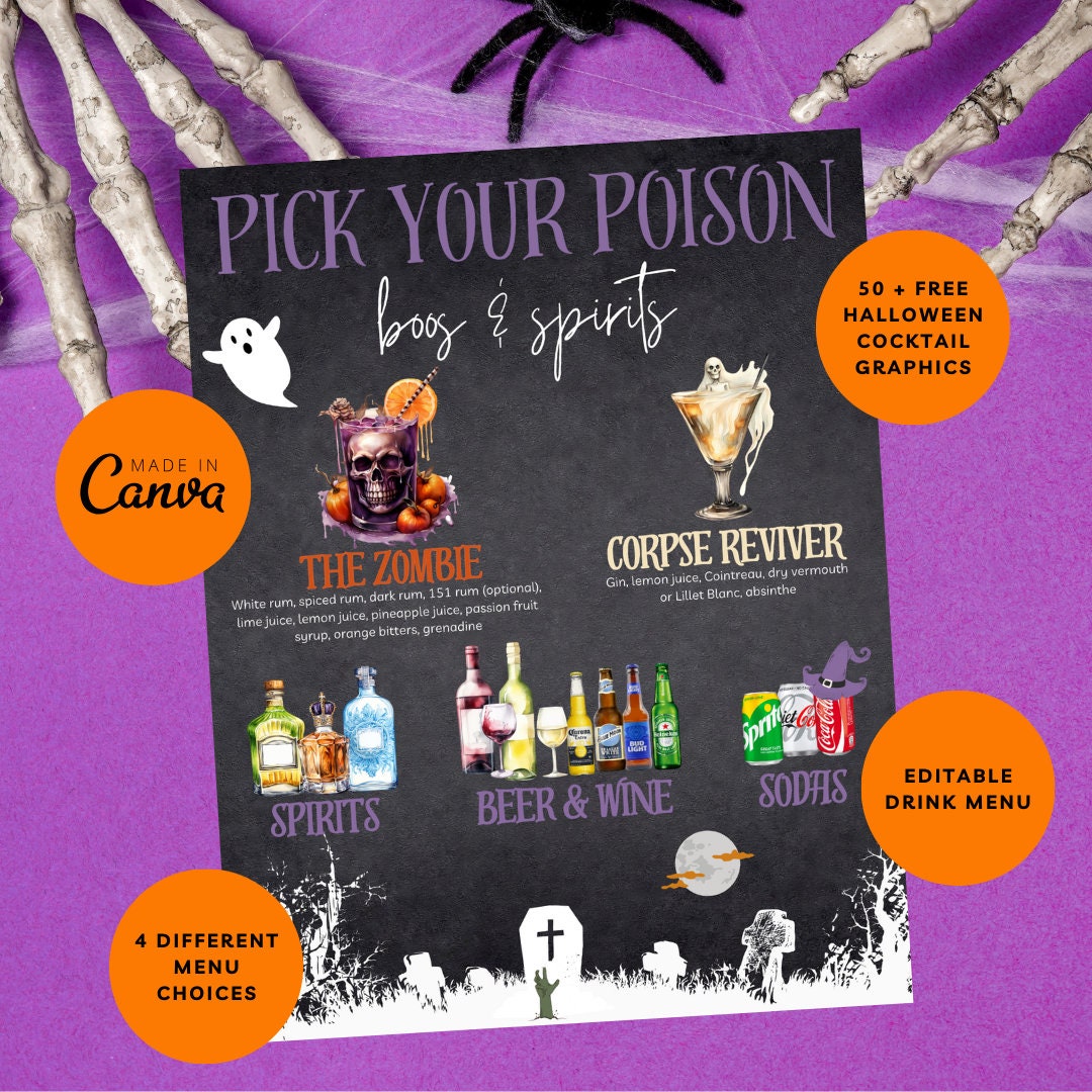 Pick Your Poison Menu Template for Canva Halloween Cocktail & - Etsy