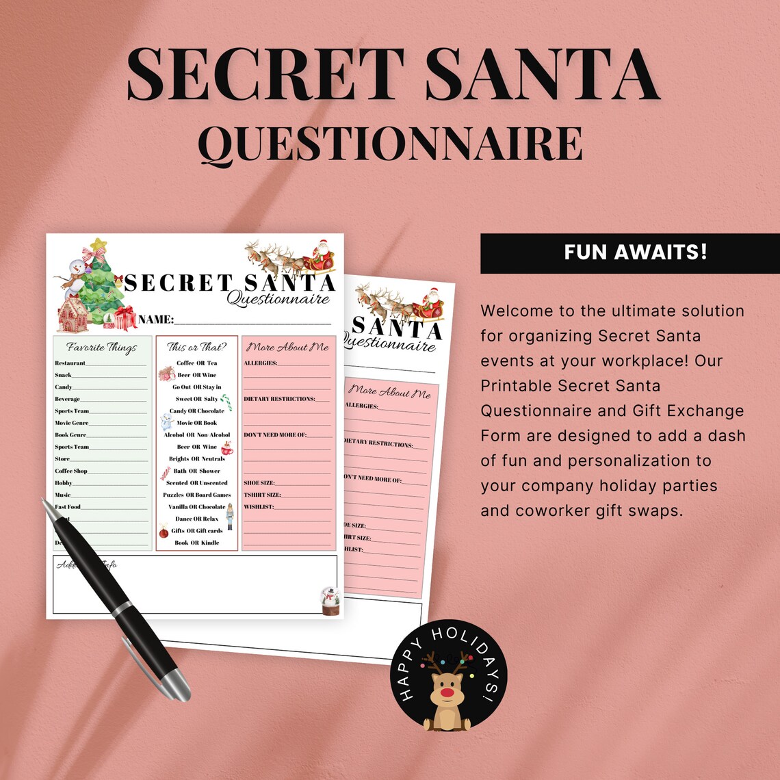 Printable Secret Santa Secret Santa Questionnaire T Etsy