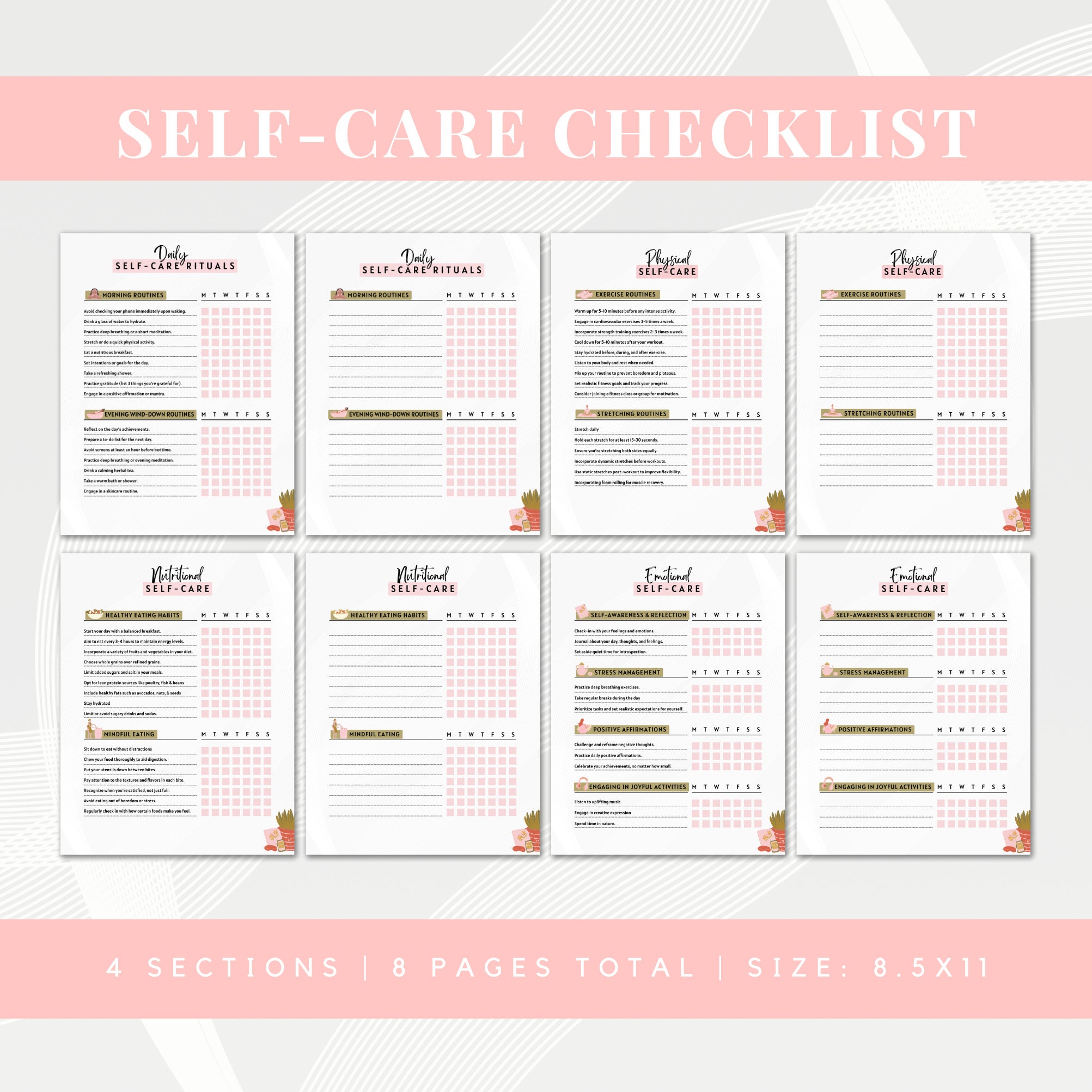 Printable Self Care Checklist, Self Care Trackers, Self Care Kit, Self ...