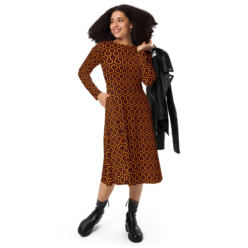 Overlook Hotel Hexagon Horror Print Long Sleeve Stretch Midi Dress ...