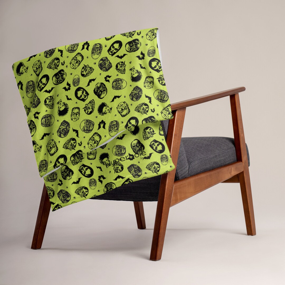 Monster Horror Spooky Halloween Throw Blanket in Lime Vintage Monsters ...