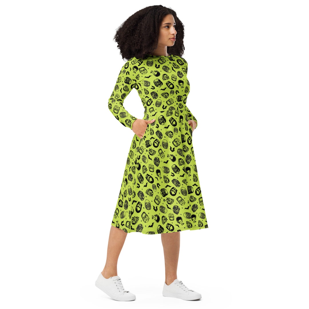 Spooky Halloween Lime Vintage Monsters Horror Print Long Sleeve Stretch ...