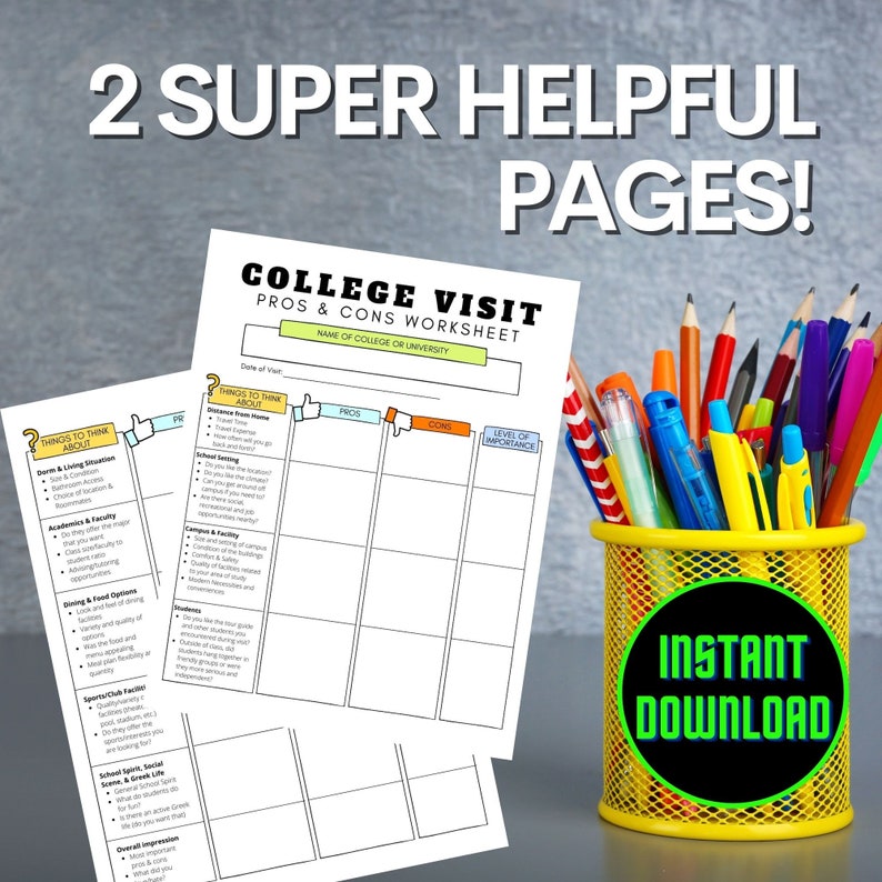 College Visit Pros & Cons Worksheet - Etsy