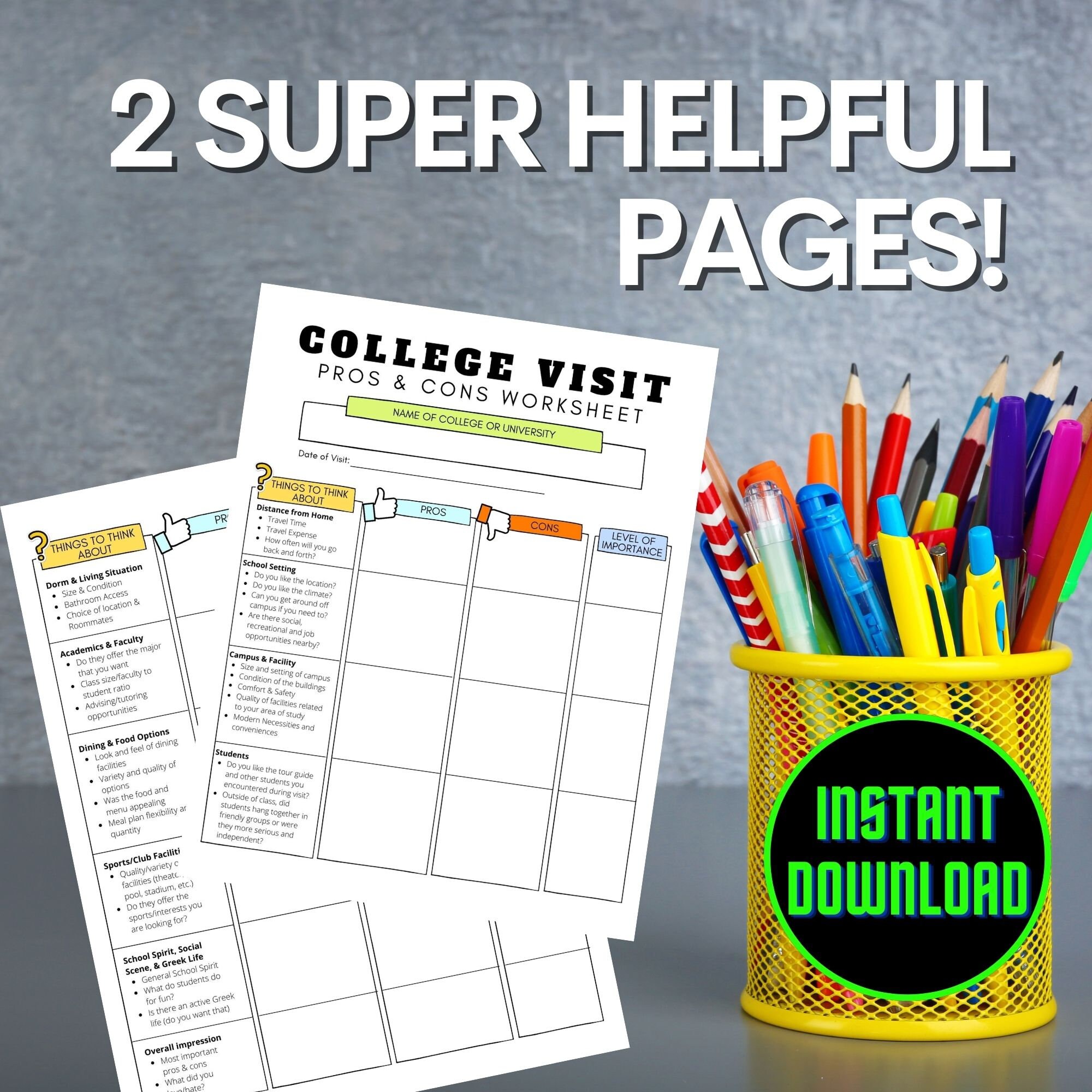 College Visit Pros & Cons Worksheet - Etsy