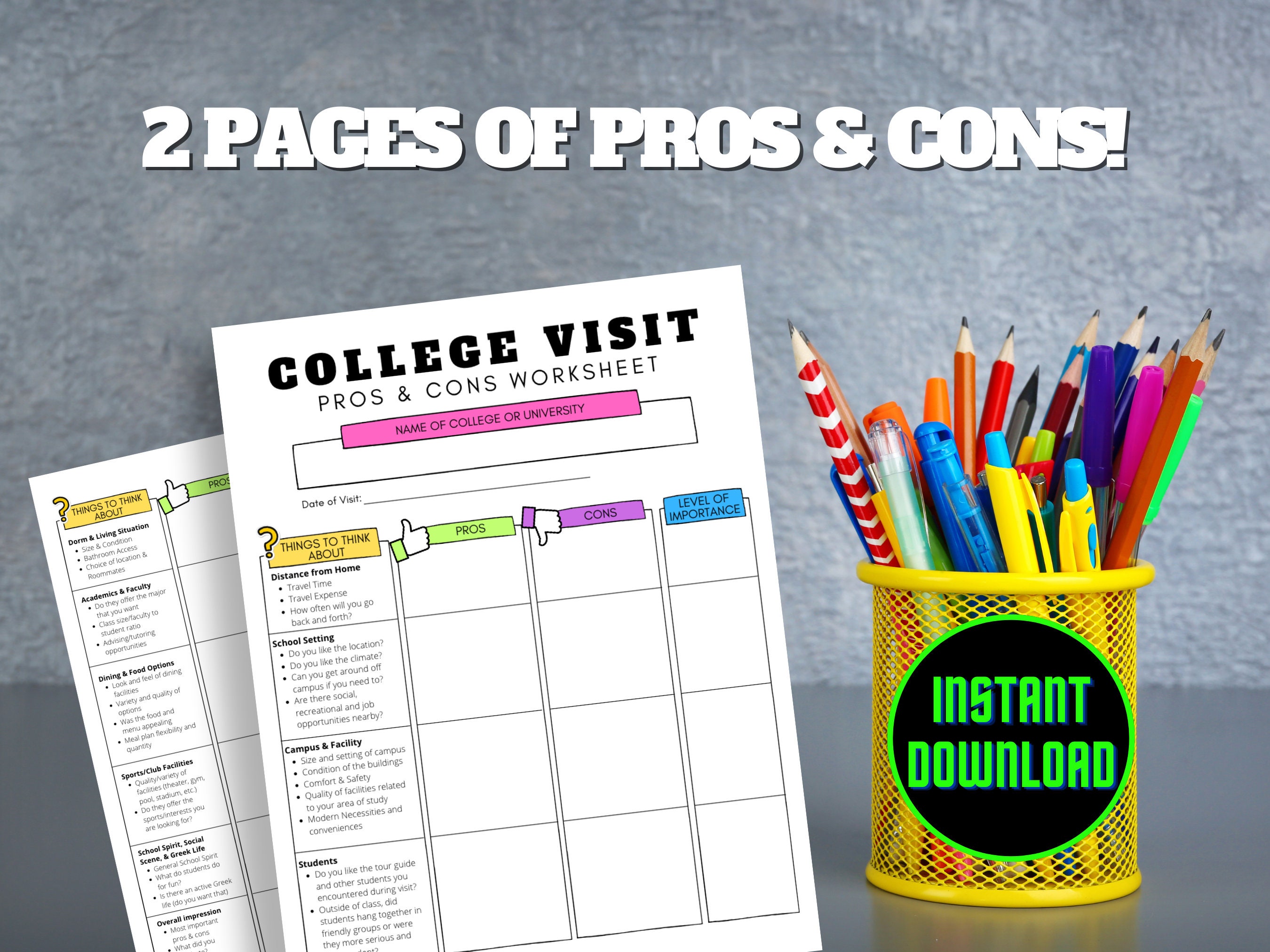 College Tour Pros & Cons Worksheet | School Comparison | College ...