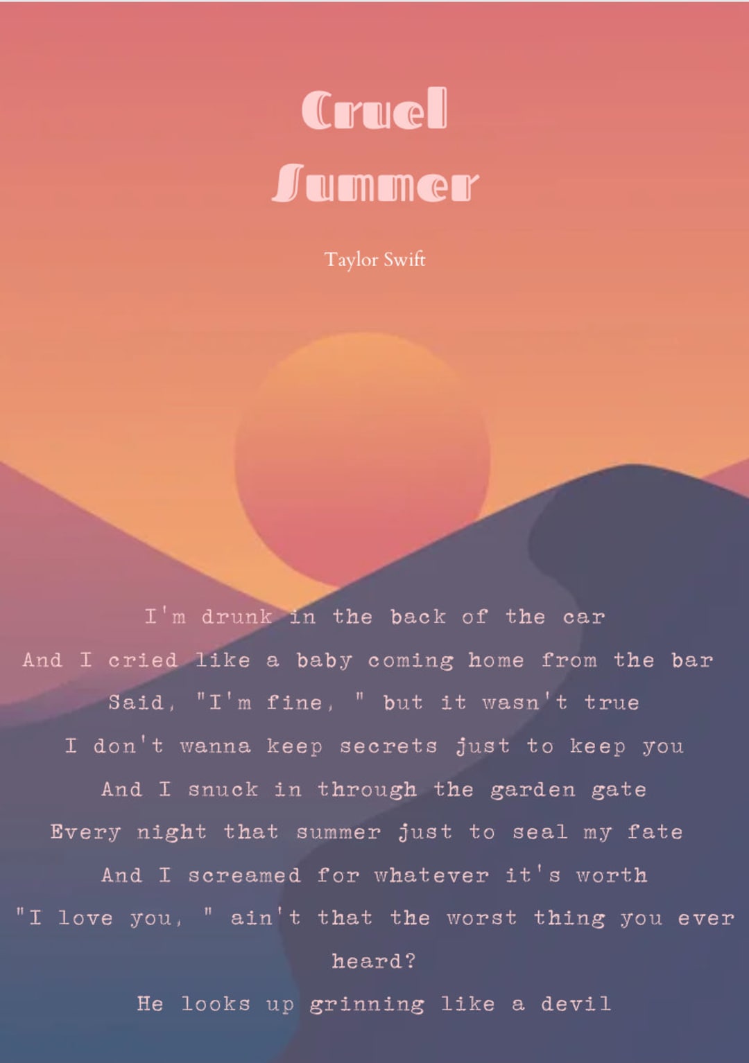 Taylor Swift Cruel Summer Lover Downloadable Fan Art Poster Printable ... Taylor Swift Cruel Summer Lover Downloadable Fan Art Poster Printable ...