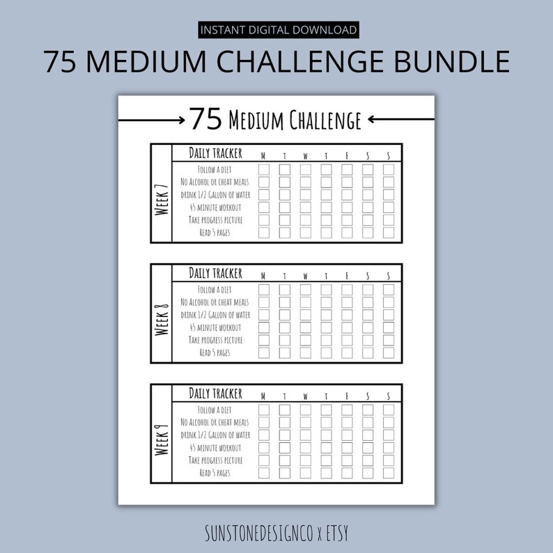 75 Medium Challenge Tracker - Instant Download, Weight Loss, 75 Medium ...