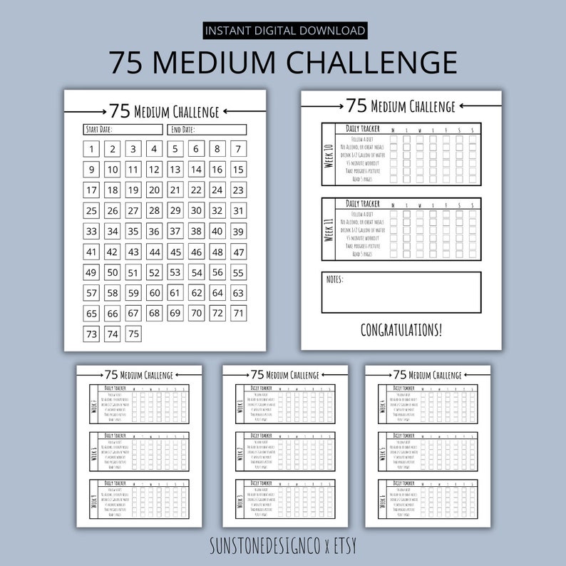 75 Medium Challenge Tracker - Instant Download, Weight Loss, 75 Medium ...