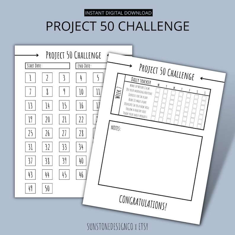 Project 50 Challenge Tracker - Instant Download, Weight Loss, Project ...