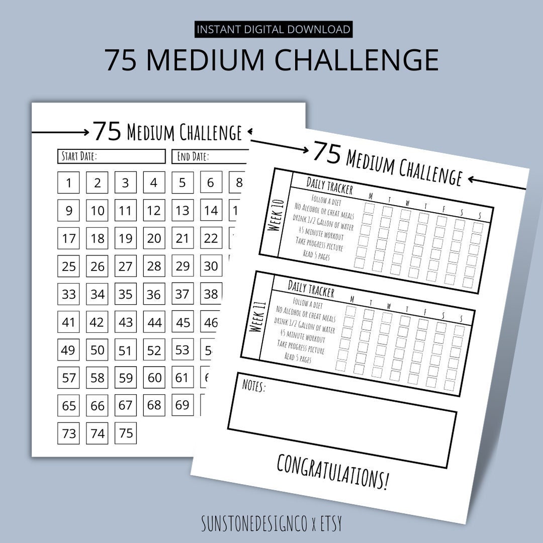 75 Medium Challenge Tracker - Instant Download, Weight Loss, 75 Medium ...