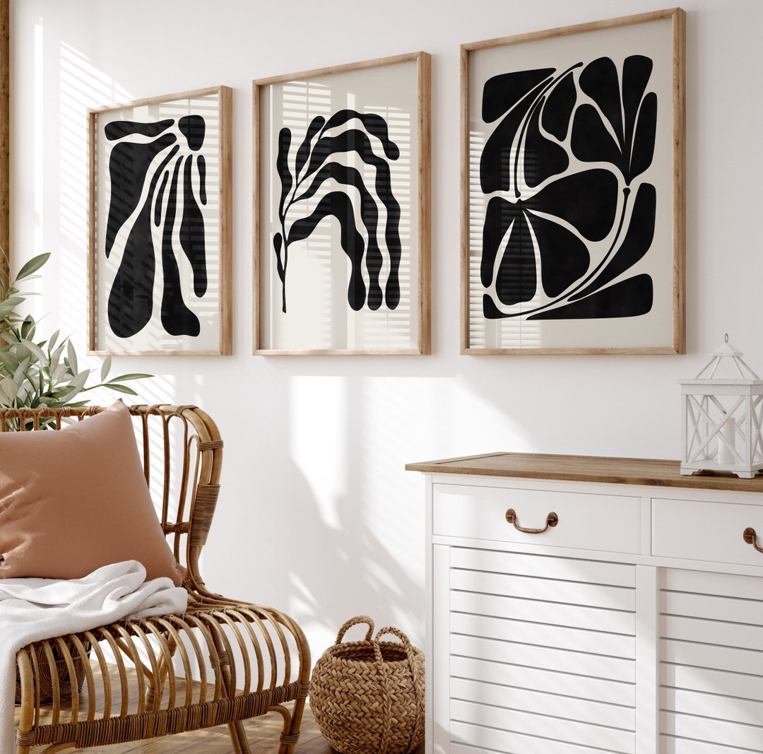 Boho Botanical Wall Art Set of 3, Matisse Botanical Print Set, Black ...