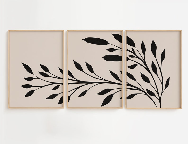 Botanical Black and White Leaves Wall Art Set of 3, Boho Fall Print ...