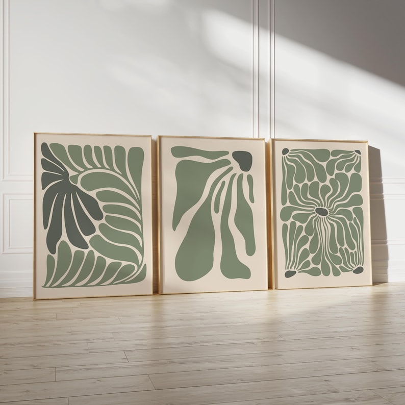 Green Trendy Boho Botanical Gallery Wall Art Set of 3, Matisse Leaf ...