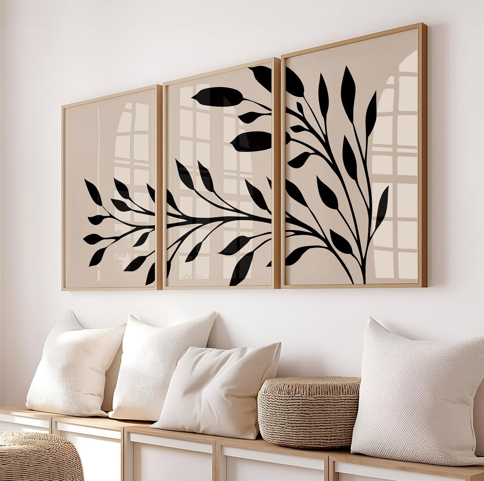 Botanical Black and White Leaves Wall Art Set of 3, Boho Fall Print ...