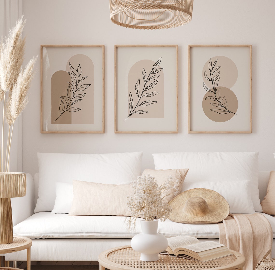 Boho Style Neutral Living Room Wall Art Set of 3, Minimalist Botanical ...