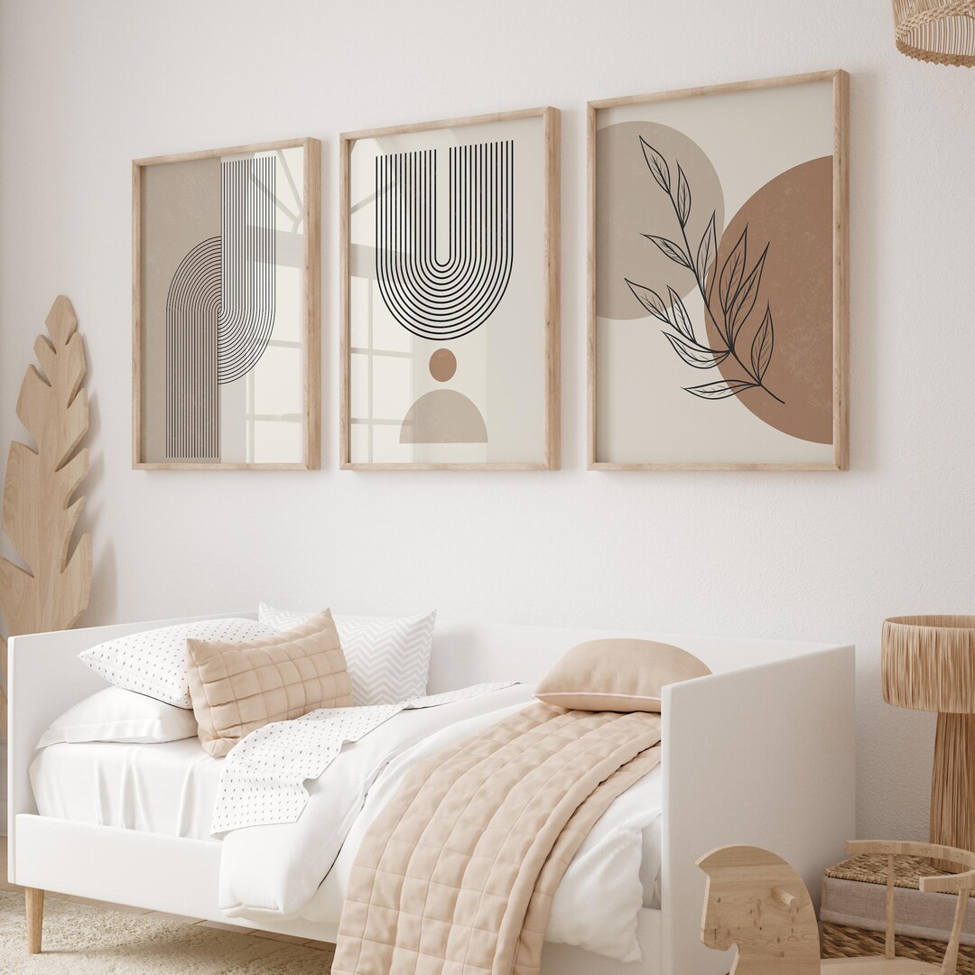 Mid Century Boho Beige and Brown Gallery Wall Art Set of 3, Simple ...