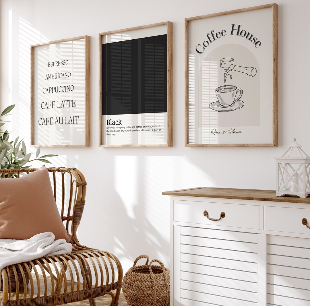 Black and White Kitchen Coffee Bar Print Set of 3, Modern Coffee Shop ...