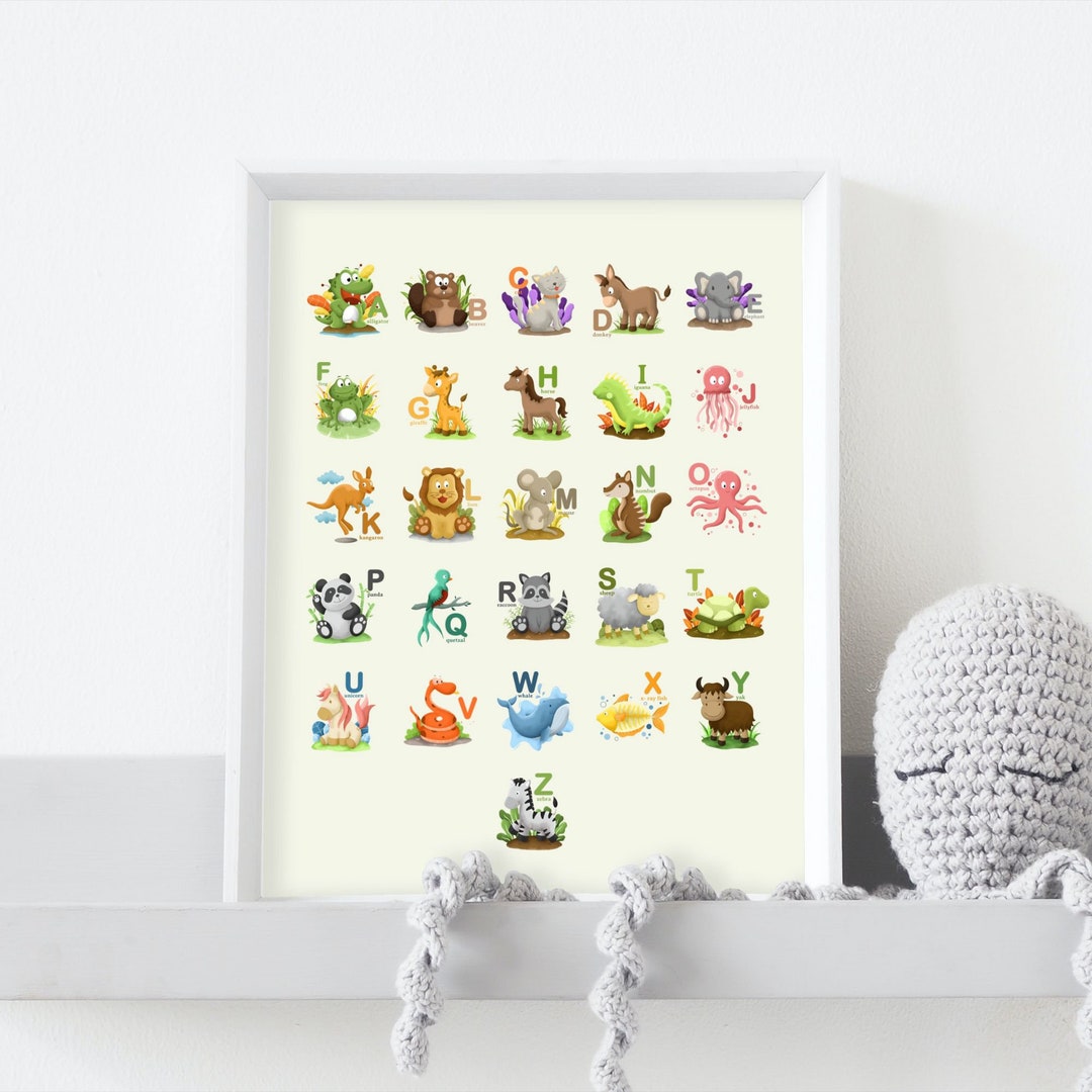 Alphabet and Animal Poster, Educational Art Prints, Cute Animal Digital ...