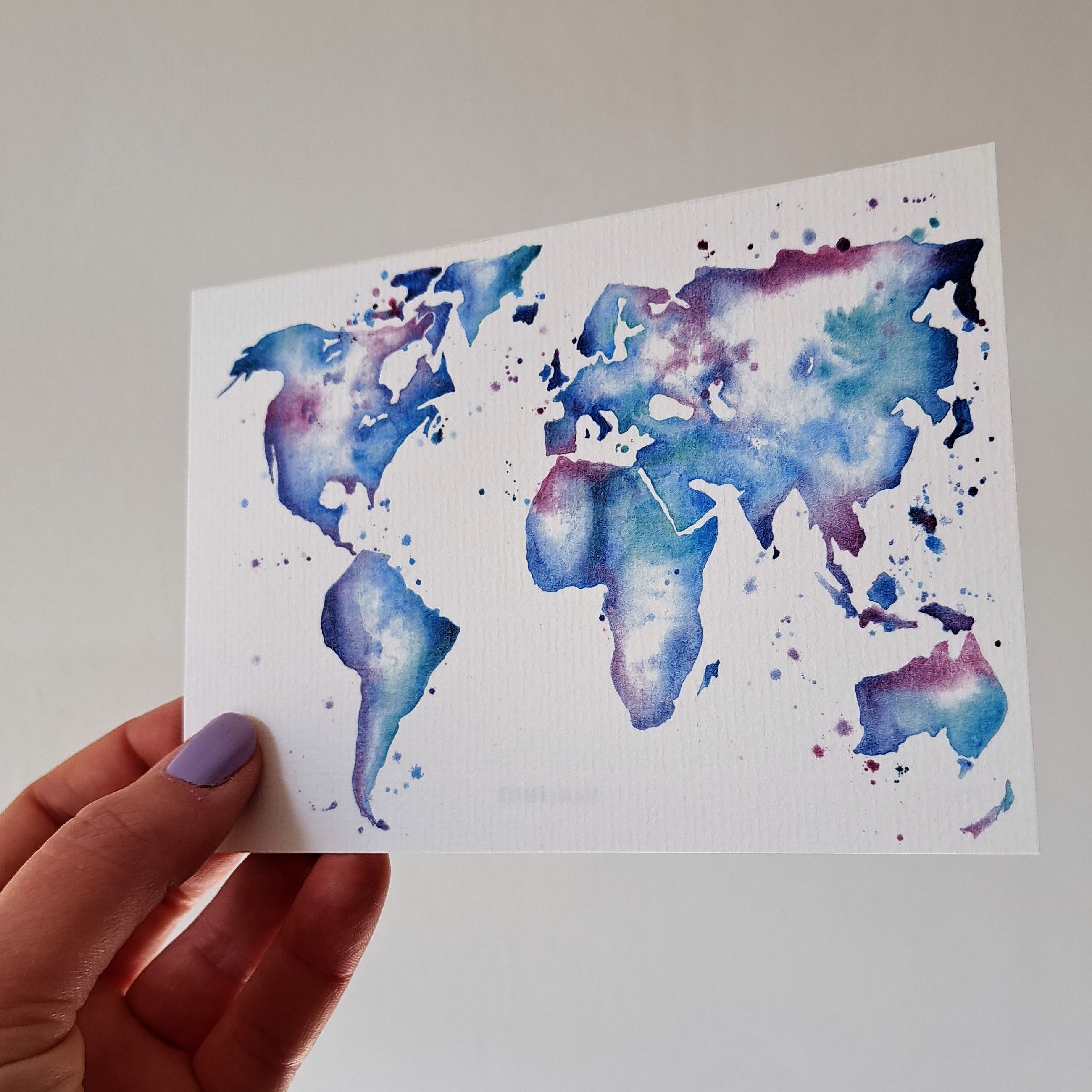 Watercolor World Map Card Handmade Sustainable Art Aquarel Unique ...
