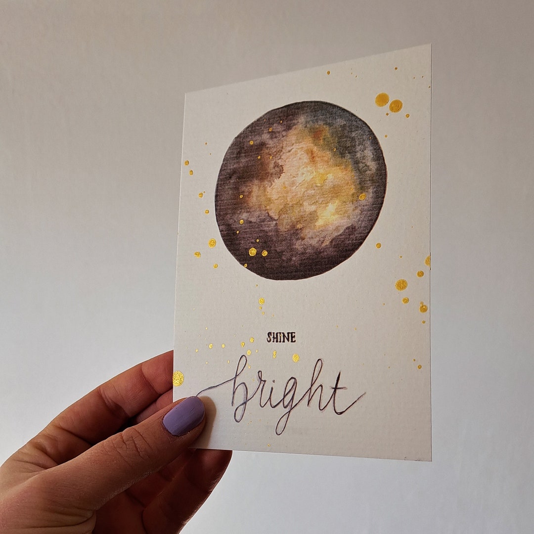 Shine Bright Sparkly Moon Watercolor Art Card Handmade Sustainable ...
