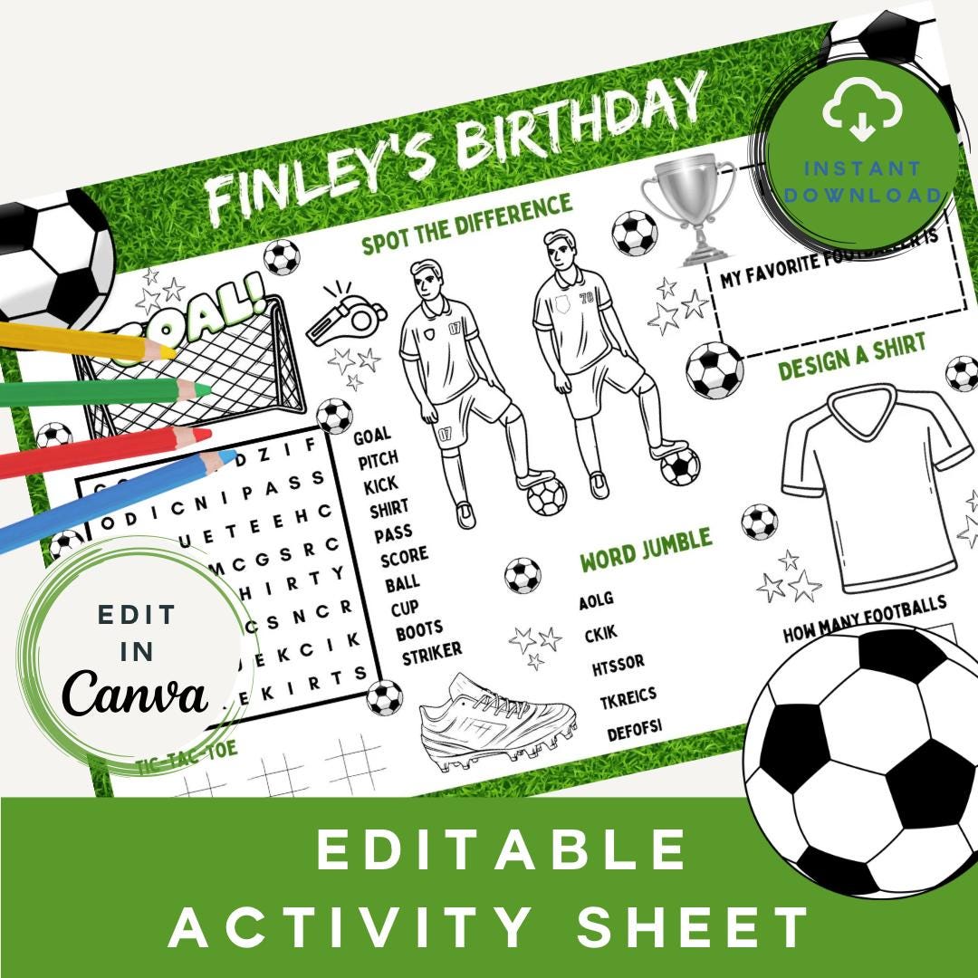 Personalised Football Birthday Placemat | Printable Coloring Activity ...