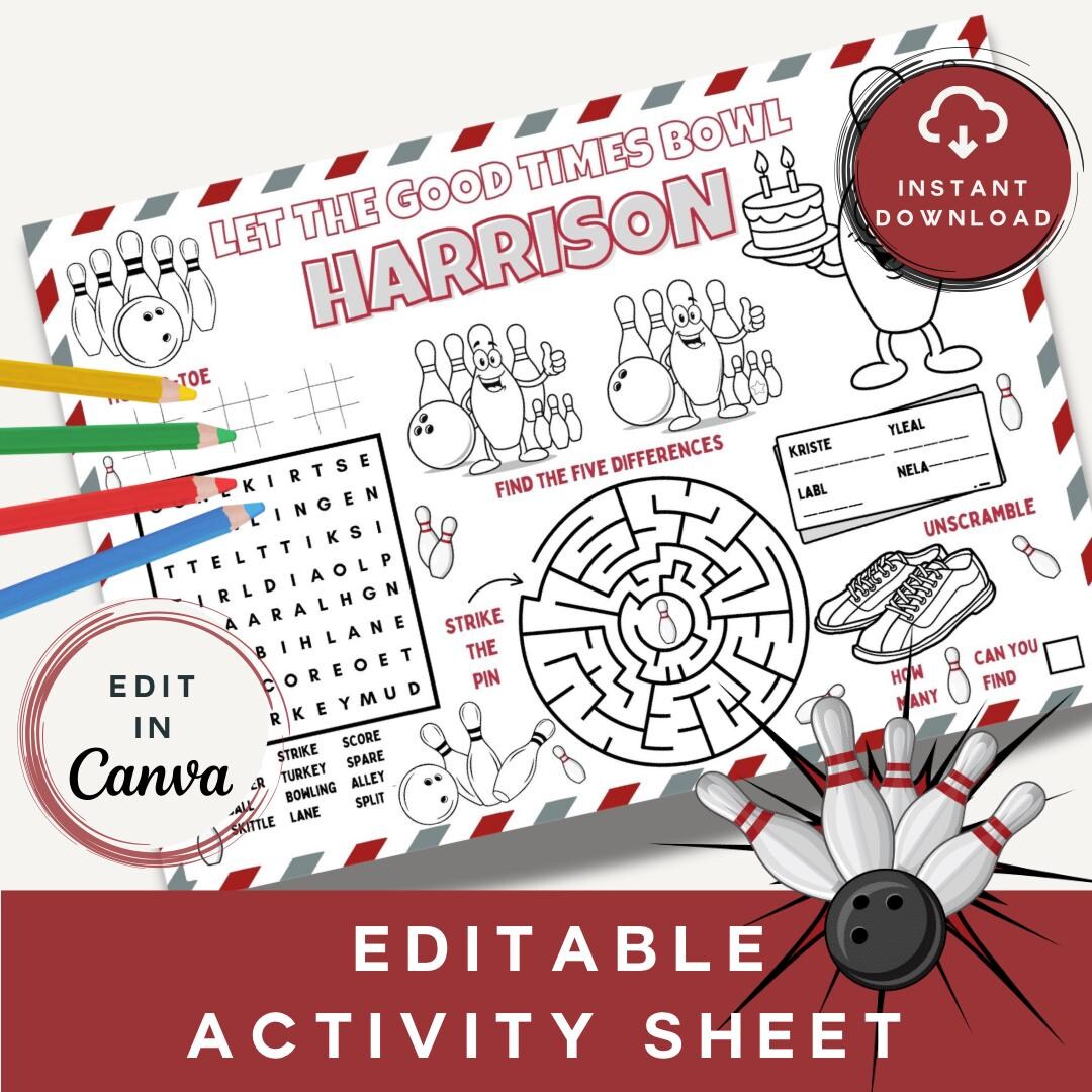 Ten Pin Bowling Personalised Kids Placemat | Custom Name Colouring ...