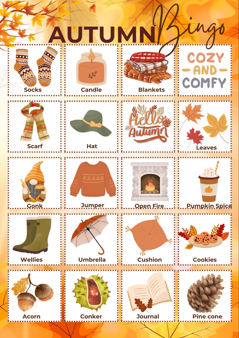 Autumn Bingo Game: 8 Unique Printable Cards (digital Download) - Etsy