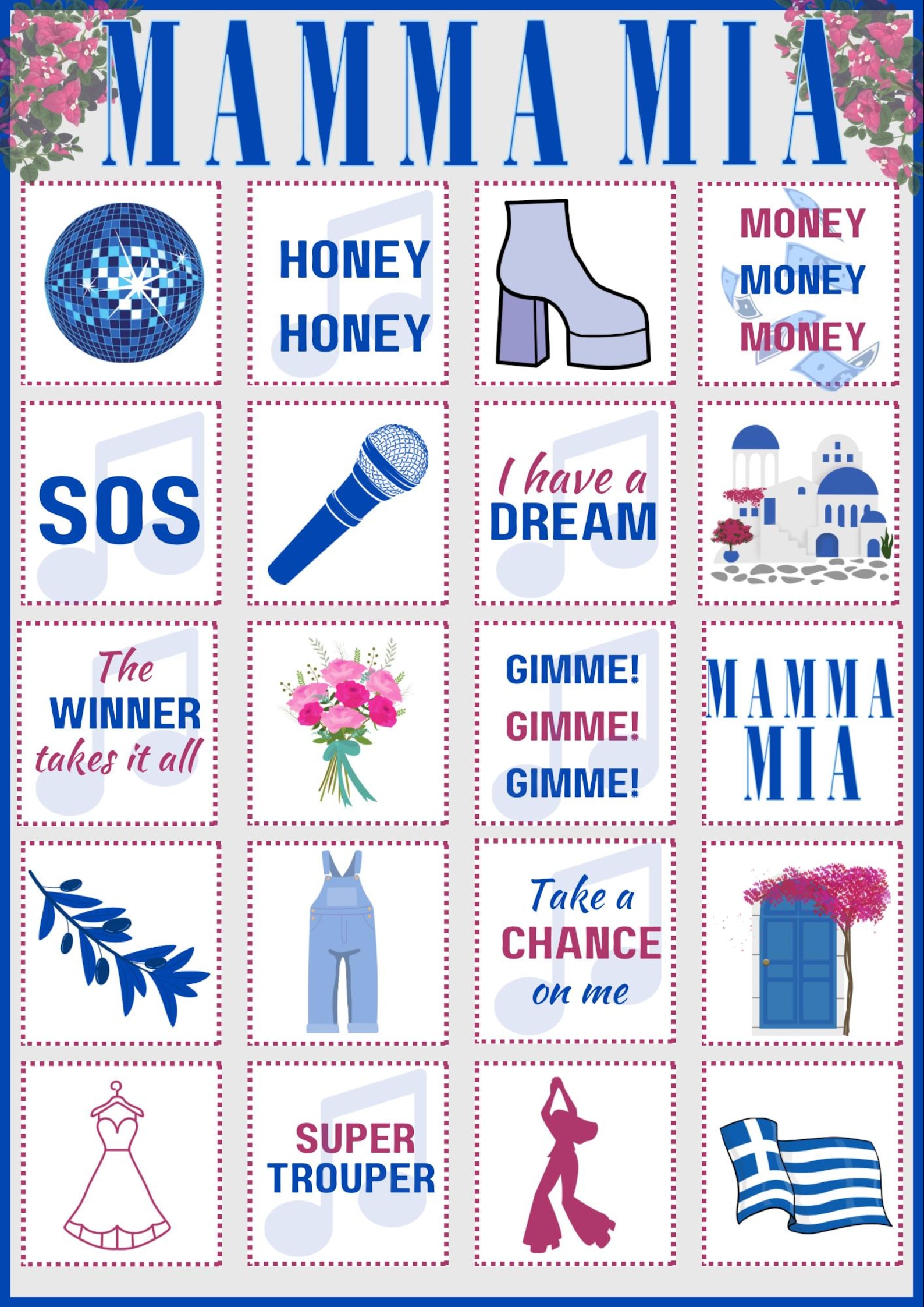 Mamma Mia Themed Bingo | Greek Bingo | Abba Themed Bingo Game | All ...